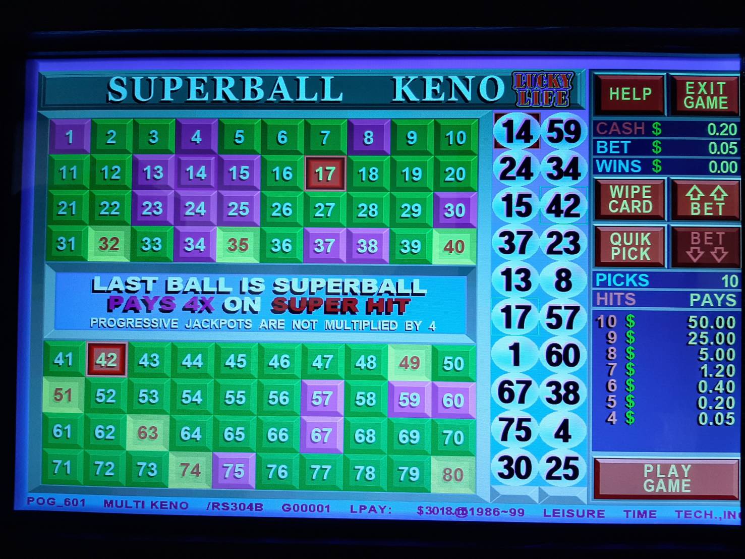 Texas Keno II GOLDEN DREAM Multigame VGA Game Board